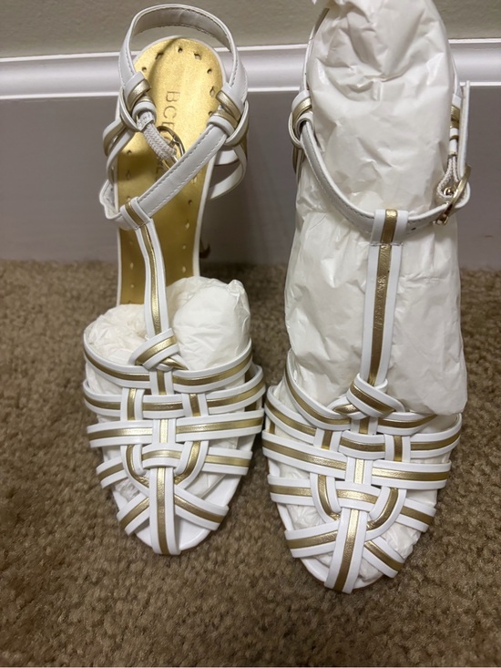 BCBG | Shoes | Bcbg White And Gold Strappy Woven Tbar Heels | Poshmark